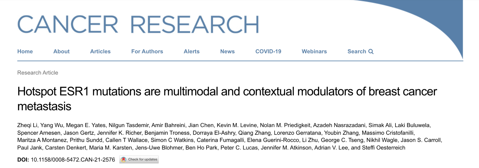 Our paper about ESR1 mutations and breast cancer metastasis is now ...